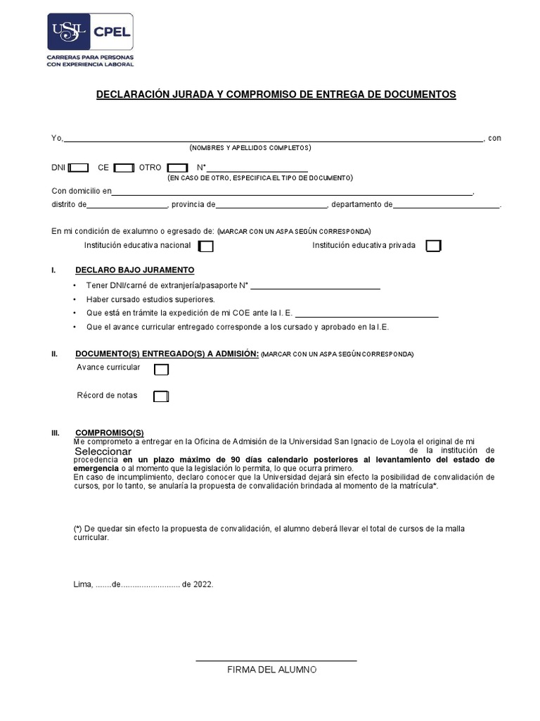 Declaración Jurada Por Documentos Pendientes | PDF