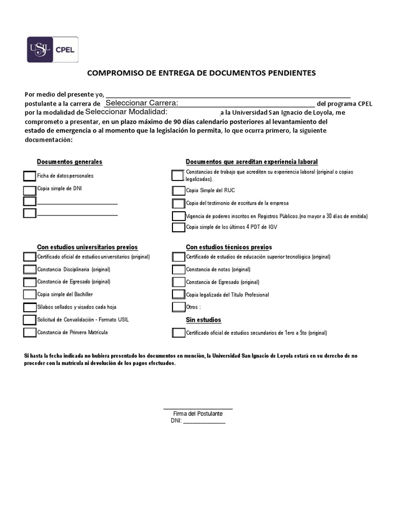 Compromiso de Entrega de Documentos Pendientes | PDF