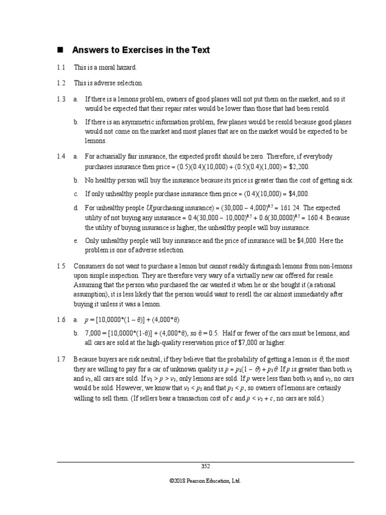 Answers To Exercises Ch. 18 | PDF | Adverse Selection | Insurance