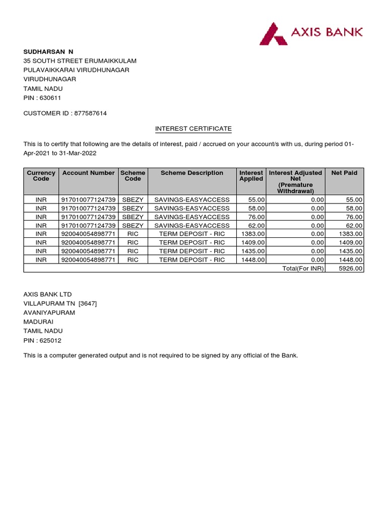 Axis Interest Certificate 2021 2022 1664592917371 | PDF