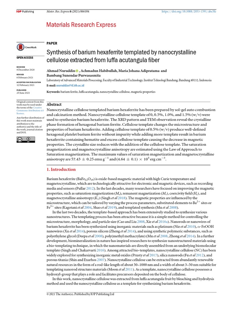 Synthesis of Barium Hexaferrite Templated by Nanocrystalline Cellulose ...