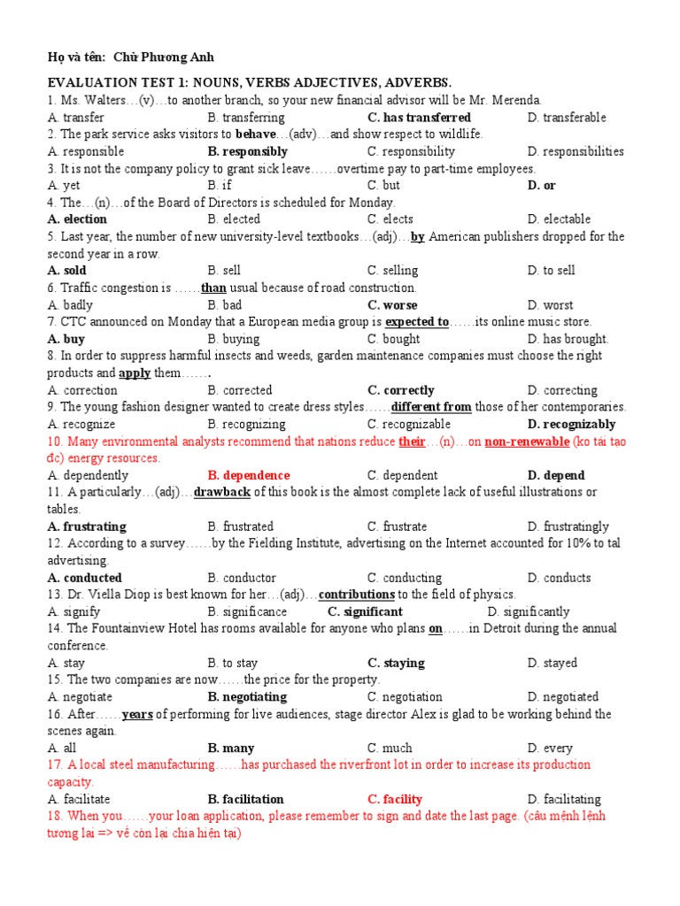 Evaluation Test 1 Nouns Verbs Adjectives Test | PDF | Art