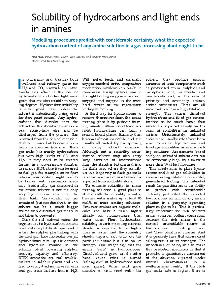Modeling Hydrocarbon Solubility in Amine-Based Gas Treating Solutions ...