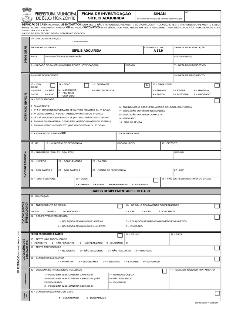 Ficha de Investigacao Sifilis Adquirida | PDF | Medicina Clínica ...