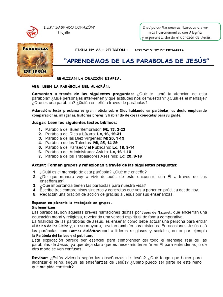 Ficha de Las Parabolas de Jesus 6to Grado | PDF | Parábolas de Jesús ...