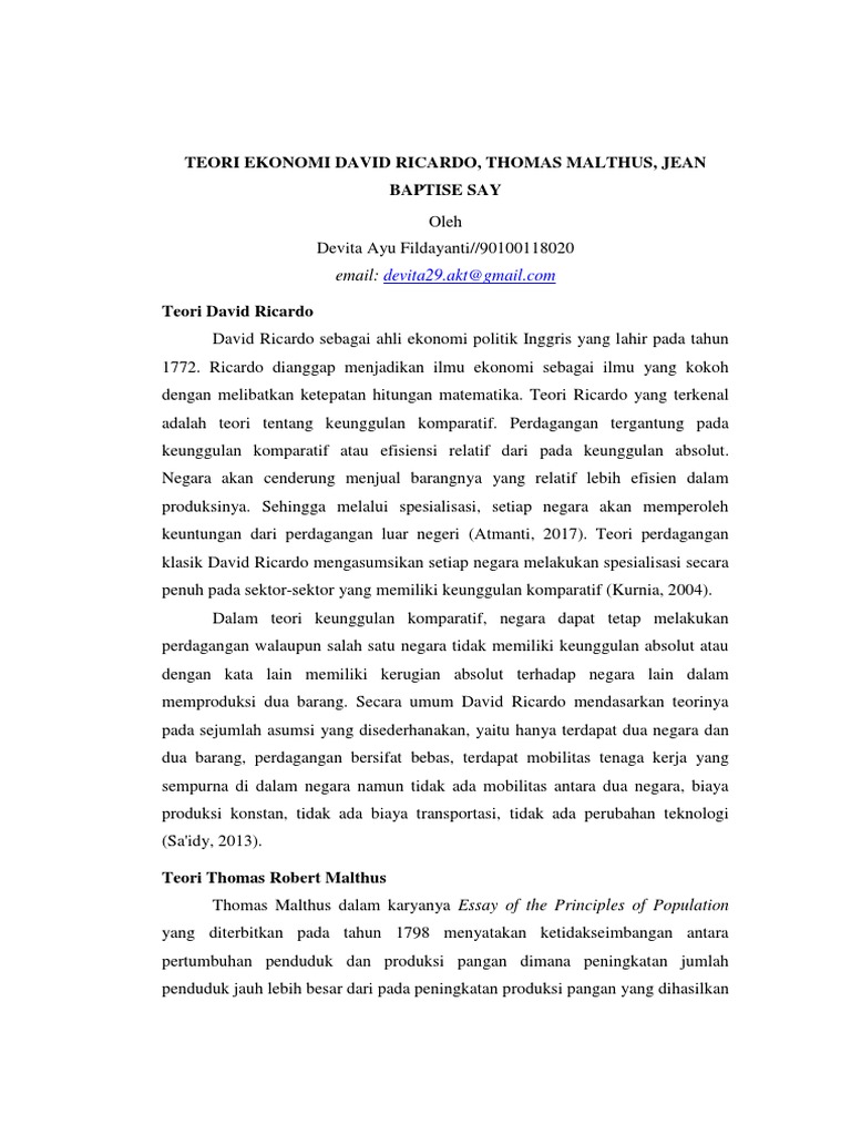 TEORI EKONOMI DAVID RICARDO, THOMAS MALTHUS, JB SAY - Devita Ayu Fildayanti | PDF