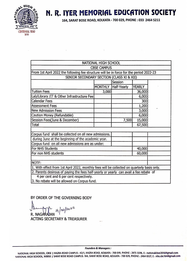 Cbse Fee Structure 2022-2023 | PDF