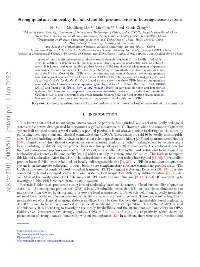 Strong Quantum Nonlocality For Unextendible Product Bases in Heterogeneous Systems | PDF ...
