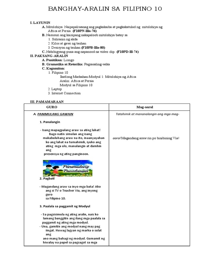 Banghay Aralin Sa Filipino 10 | PDF