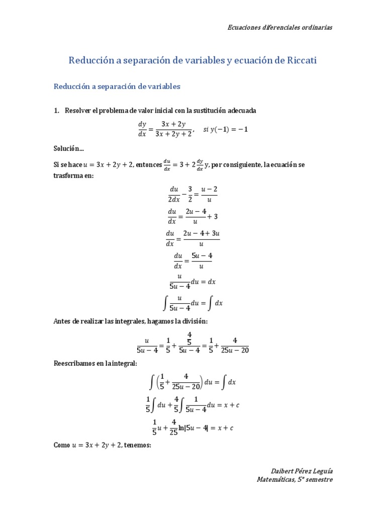 Actividad 3. Reducción A Separación de Variables y Ecuación de Riccati | PDF | Ecuaciones | Integral
