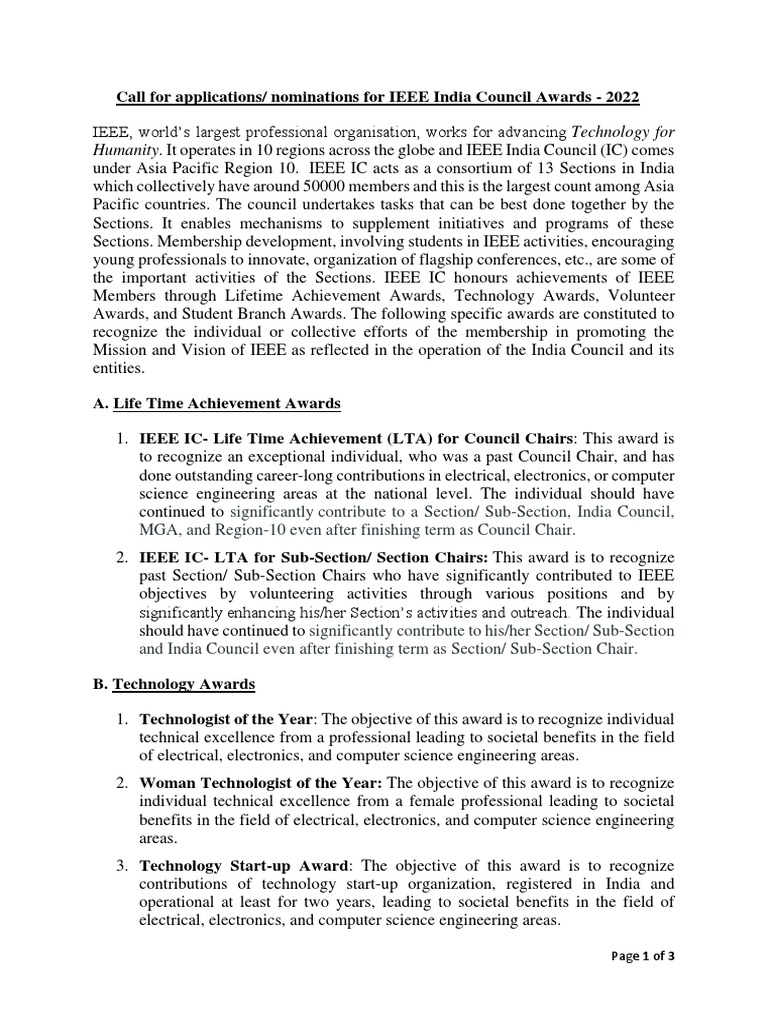 IEEE IC Awards - Call For Applications - 2022 | PDF | Institute Of Electrical And Electronics ...