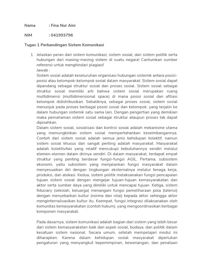 Tugas 1 Perbandingan Komunikasi Fina Nur Aini 041993796 | PDF