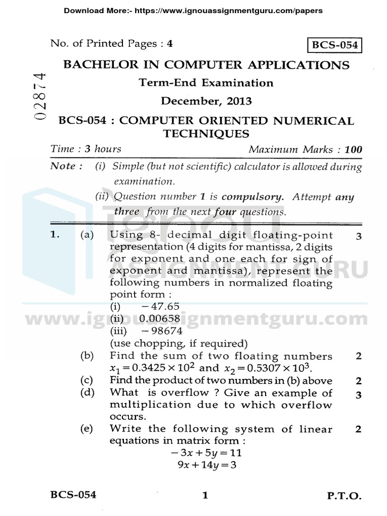 BCS 054 Previous Year Question Papers by Ignouassignmentguru | PDF | Finite Difference | Equations