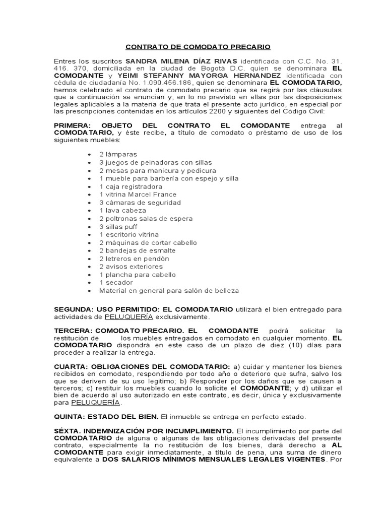 Contrato de Comodato Precario para Peluquería | PDF | Daños y ...