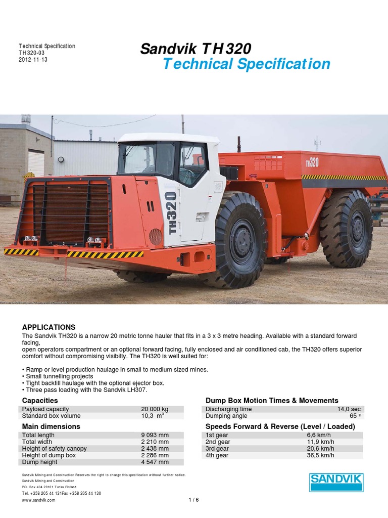 Technical Specification Sandvik TH320-03 | Download Free PDF | Brake | Pump