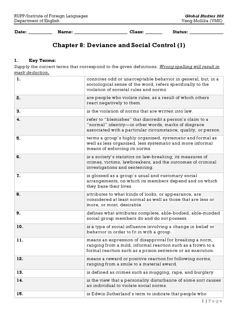 GS202 - Chapter 8 - Deviance and Social Control - Worksheet 1 | PDF ...