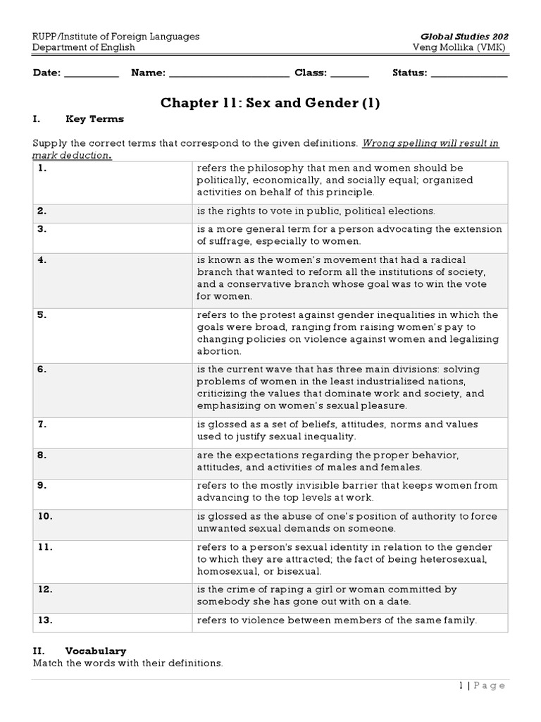 GS202 - Chapter 11 - Sex and Gender - Worksheet 2 | PDF | Gender ...