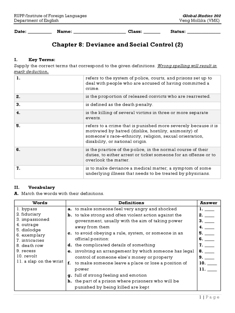 GS202 - Chapter 8 - Deviance and Social Control - Worksheet 2 | PDF ...