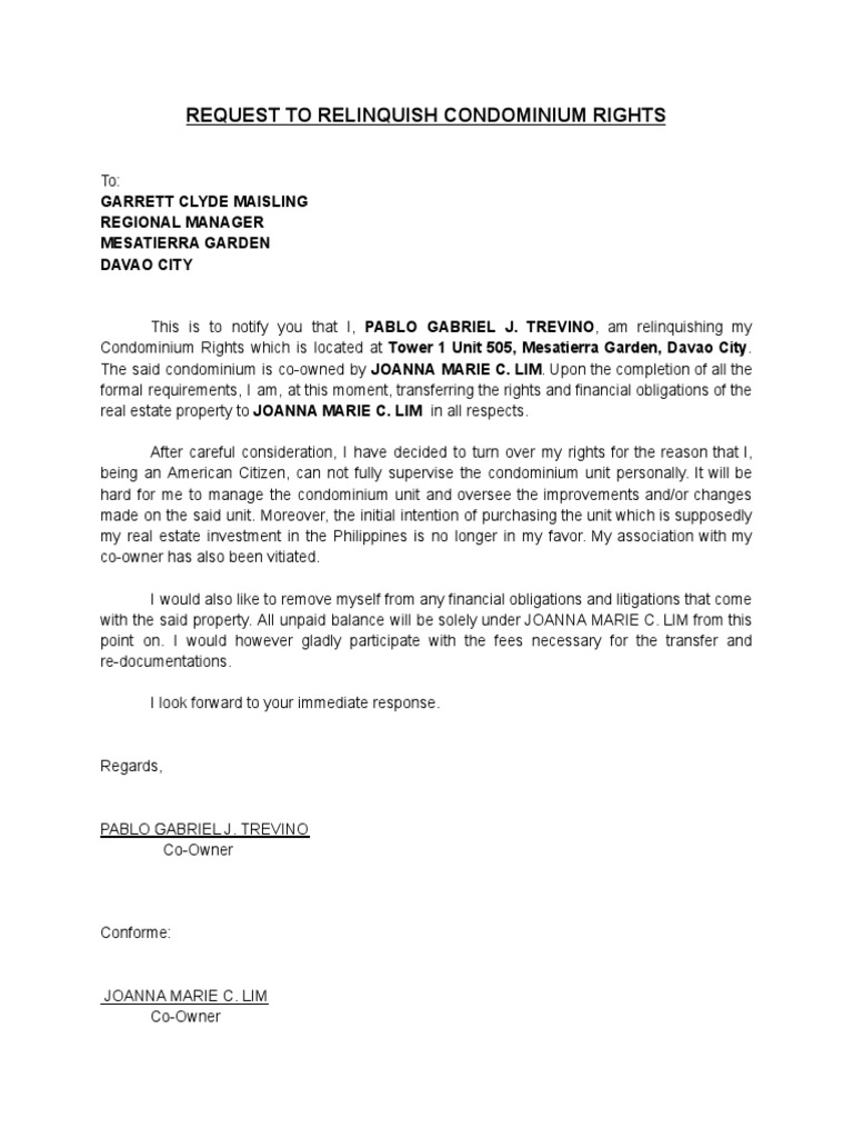 Request To Relinquish Condominium Rights | PDF