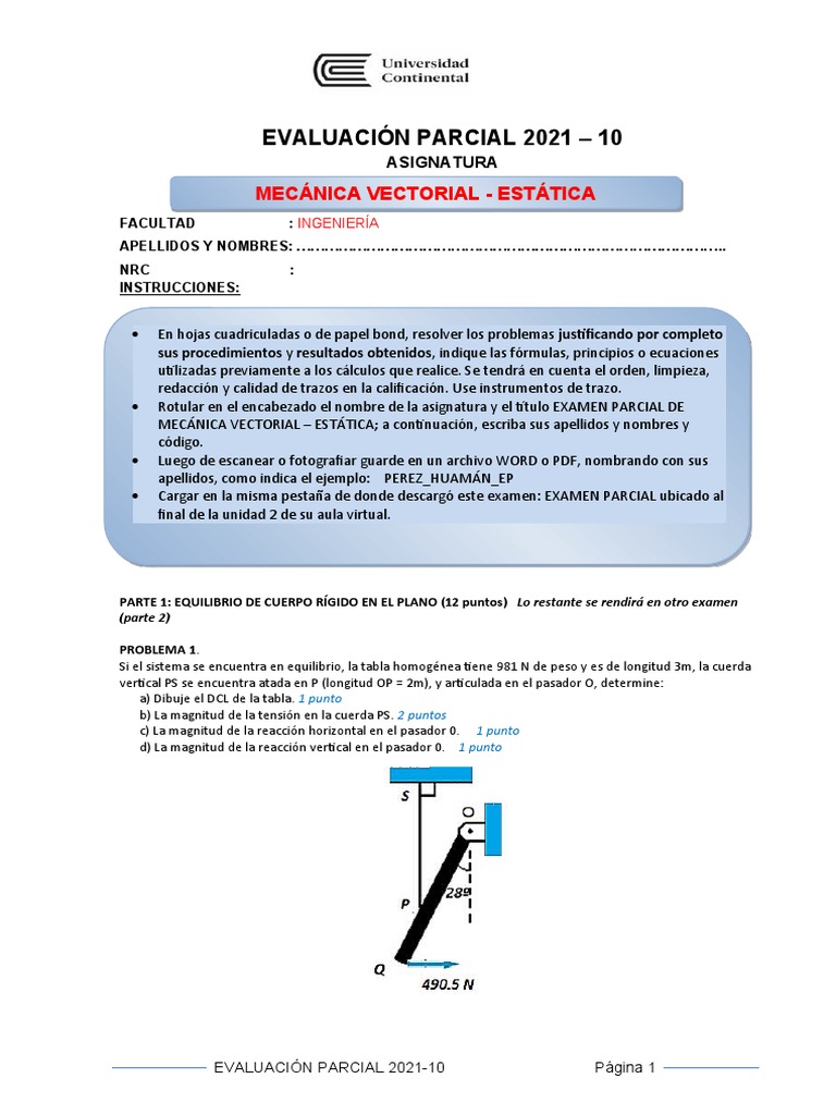 1 Ep Examen Parcial Estática 2021-10 | PDF | Tensión (Física) | Mecánica