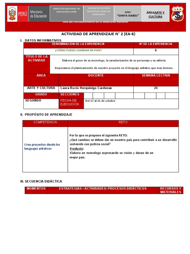 ACTIVIDAD DE APRENDIZAJE N°2 - EXP-6 Laura | PDF | Monólogo | Evaluación