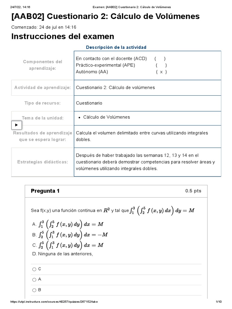 Examen - (AAB02) Cuestionario 2 - Cálculo de Volúmenes | PDF | Integral | Cuestionario