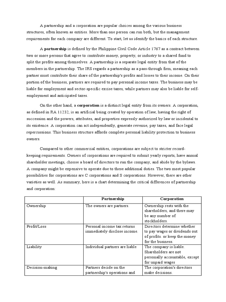 Partnership Vs Corporation | PDF | Partnership | Corporations