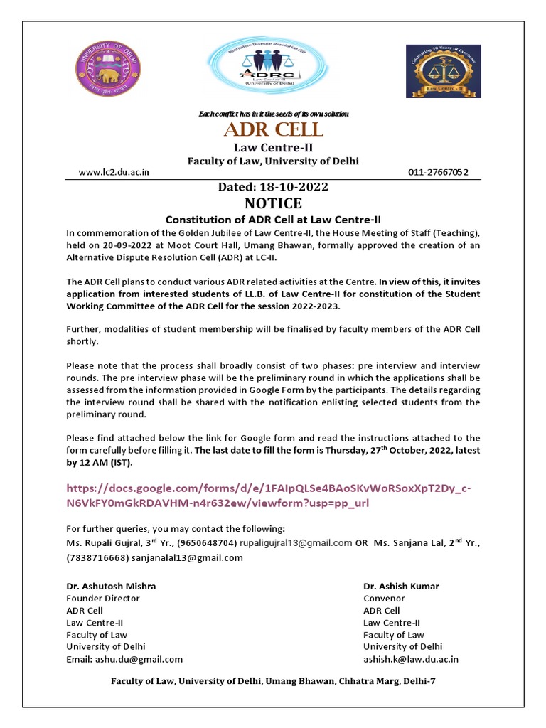 Notice For Student Working Committee of ADR Cell Oct 18 2022 | PDF ...