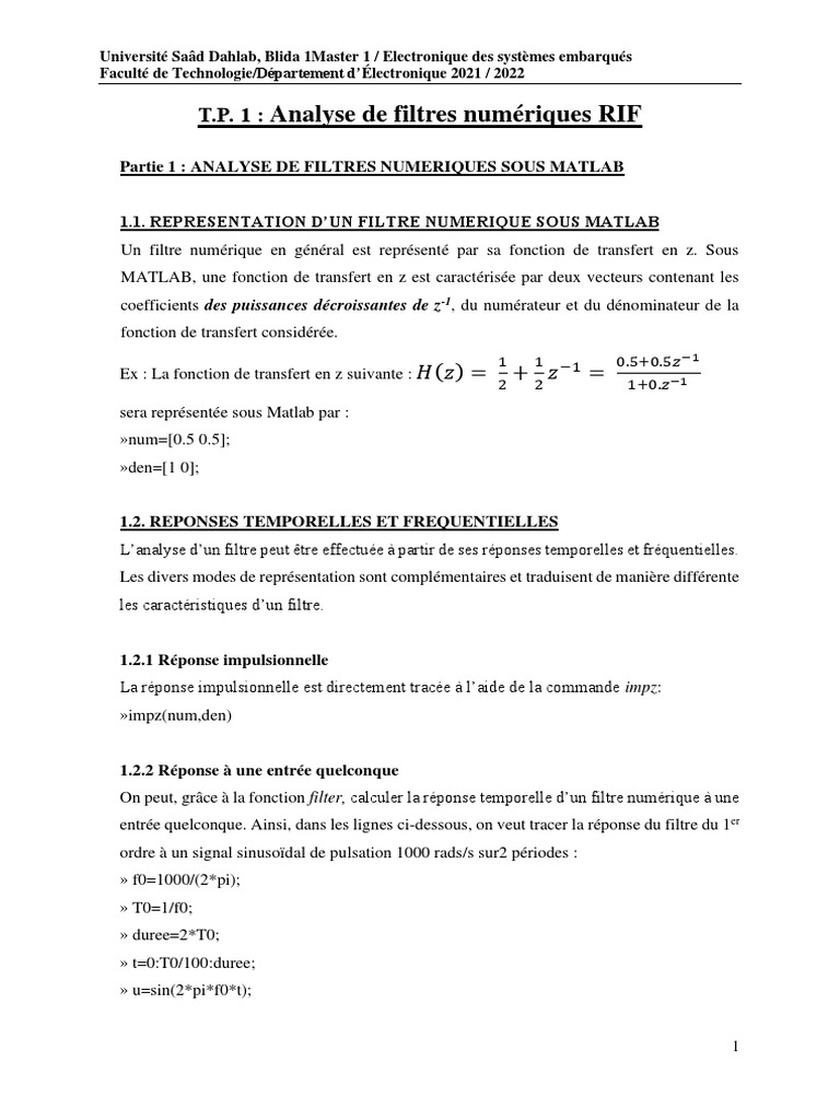 TP1 TNS 2021 2022 | PDF | Filtre (électronique) | Filtre passe-bas