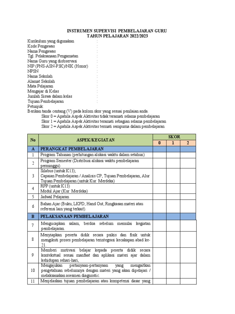 Instrumen Supervisi Pembelajaran Guru Bahar | PDF | Karier ...