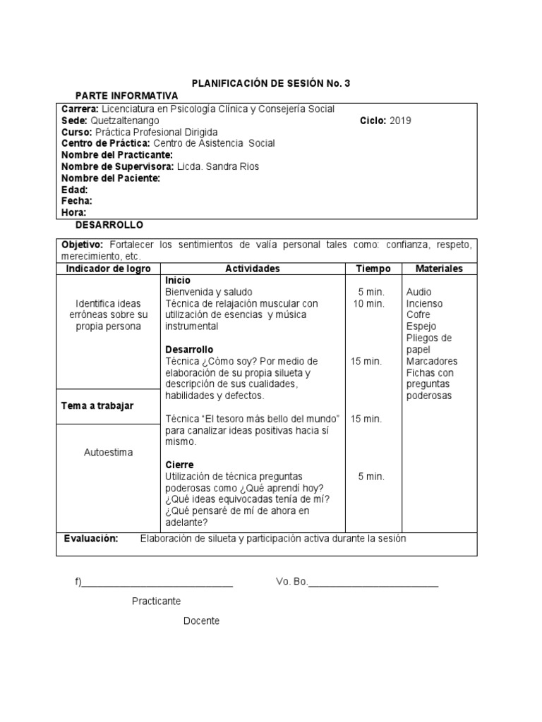Ejemplo de Planificacion de Sesiones Terapeuticas | PDF | Ciencias del comportamiento | Ciencia ...