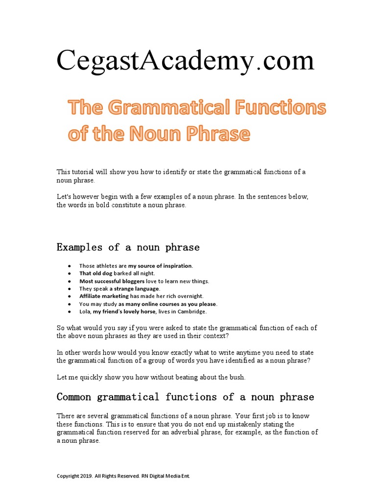 Grammatical Functions of A Noun Phrase | PDF | Verb | Phrase