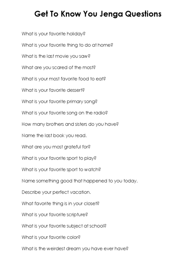 Get To Know You Jenga Game Questions | PDF