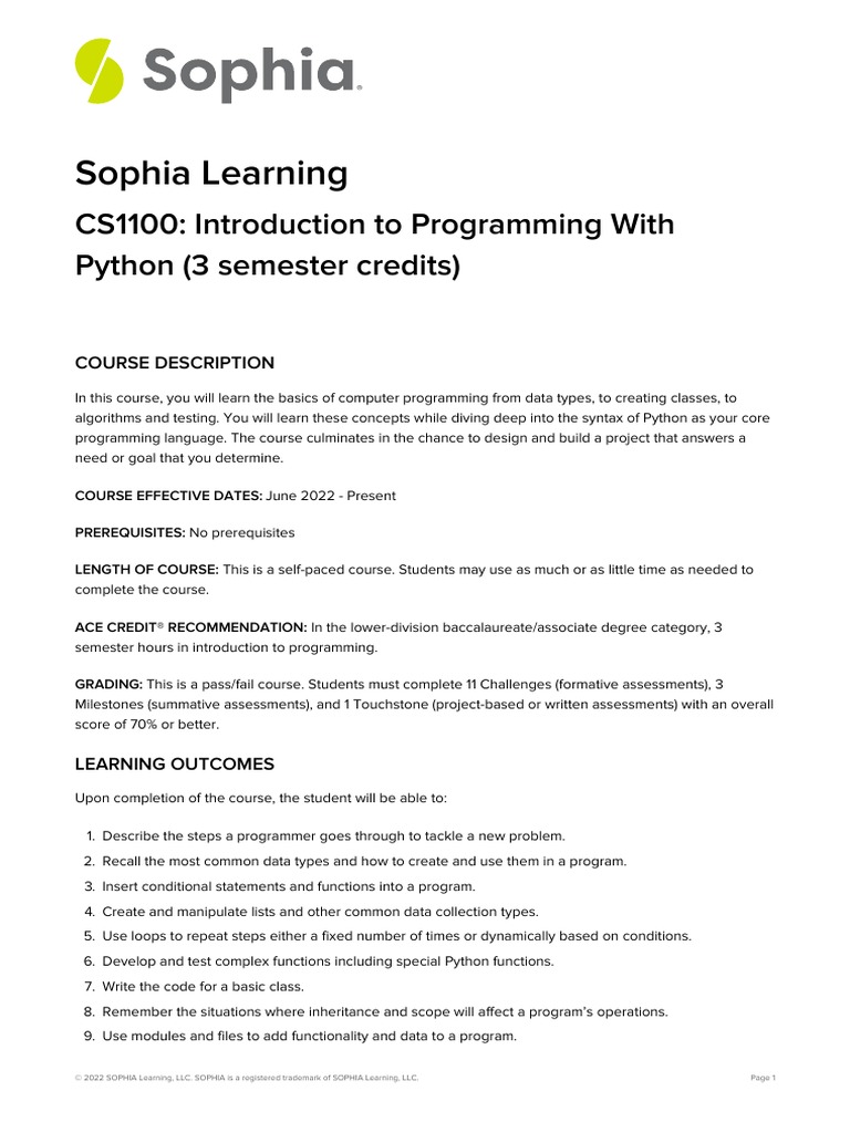 Sophia Introduction To Programming With Python Syllabus Pdf Programming Computer Program 8700