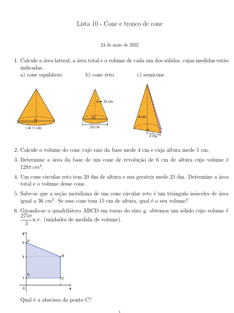 Lista 10 - Cone e Tronco de Cone | PDF | Objetos matemáticos | Geometria Elementar