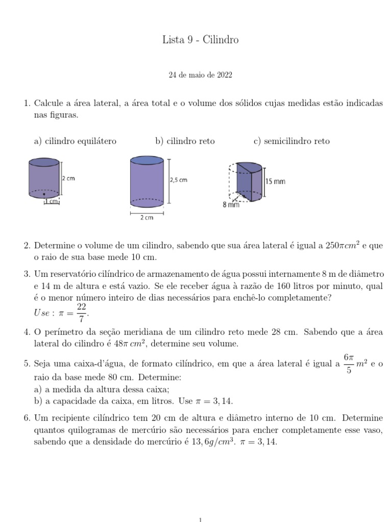 Lista 9 - Cilindro | PDF | Métodos e Materiais de Ensino