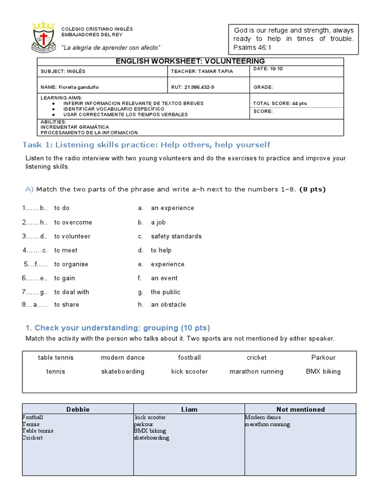 Volunteering Worksheet - 3ero Medio | PDF
