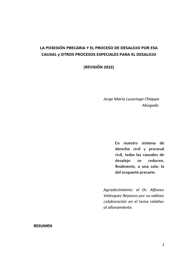 La Posesión Precaria y El Proceso de Desalojo Por Esa Causal y Otros ...