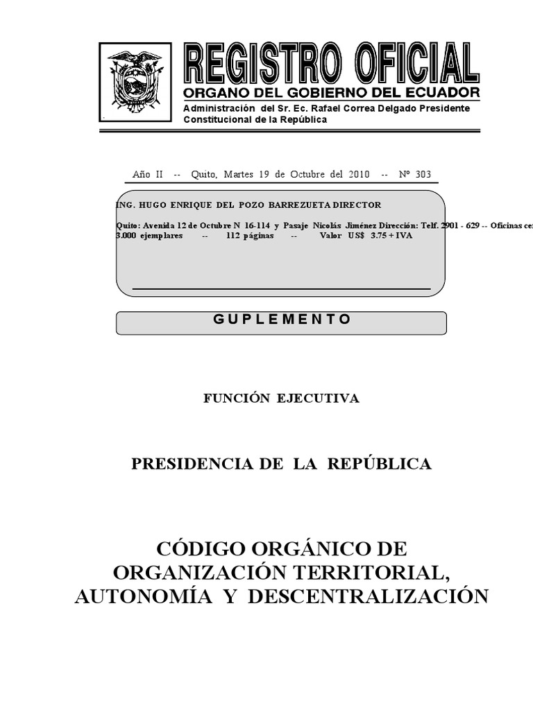 08 Codigo Organico de Organizacion Territorial Cootad | PDF | Gobierno ...