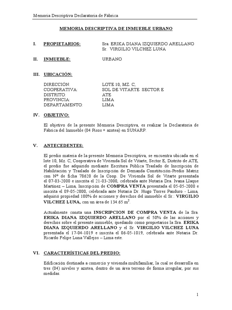 1-Memoria Descriptiva Declaratoria de Fabrica Ate | PDF | Vida domestica | Habitación