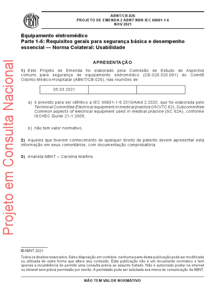 (CN) Abnt NBR Iec 60601-1-6 Em2 2021 (Eletromédico - Usabilidade) | PDF | Usabilidade | Engenharia
