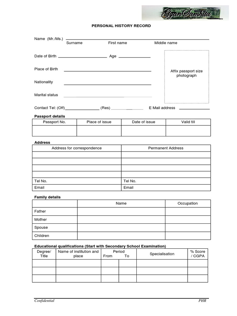 Personal History Record Template | PDF
