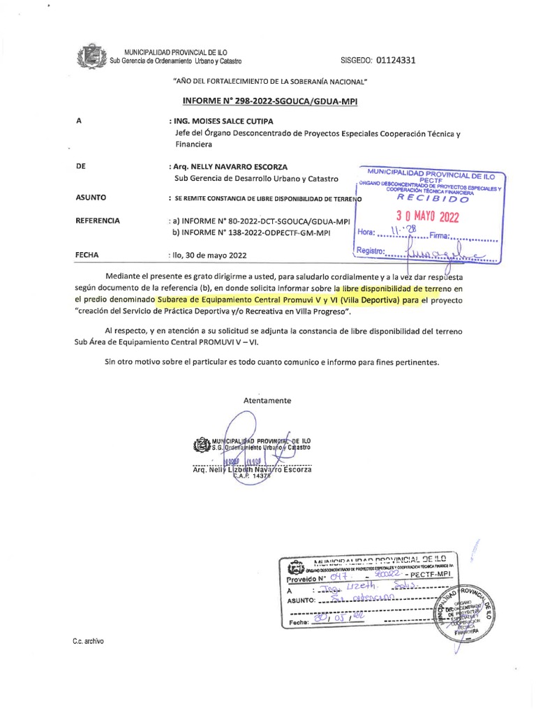 Informe N°298 - Disponibilidad de Terreno Canchas | PDF