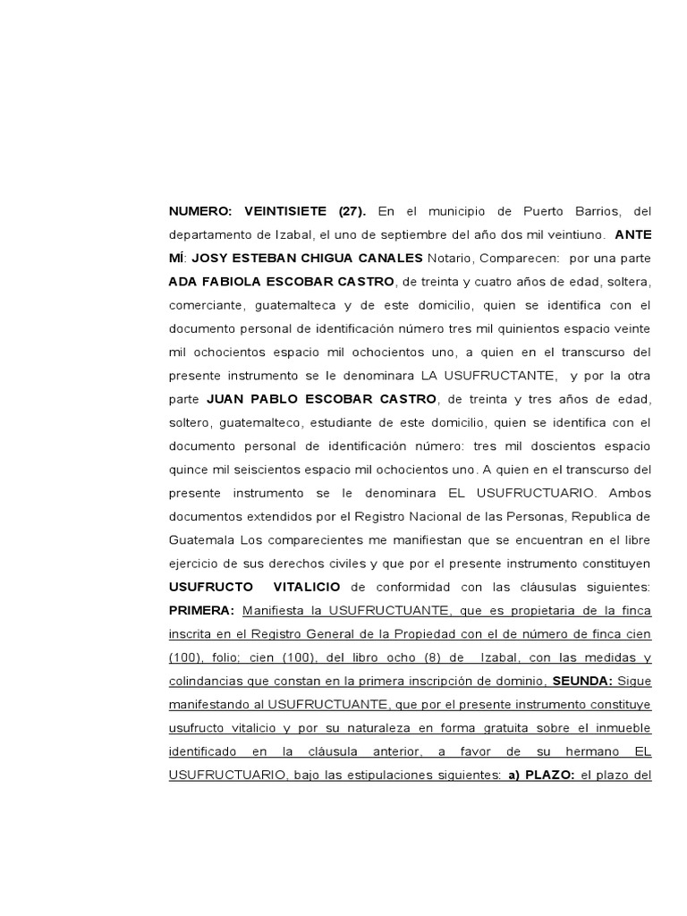 27) Escritura Usufructo Vitalicio | PDF | Propiedad | Justicia