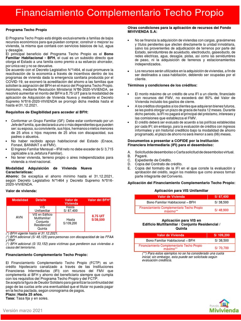 Financiamiento complementario del programa Techo Propio: Requisitos, modalidades y aplicación ...