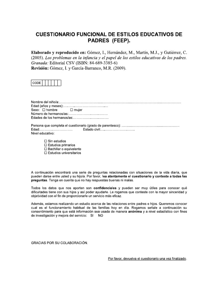Cuestionario Funcional de Estilos Educativos de Padres (Feep) | PDF