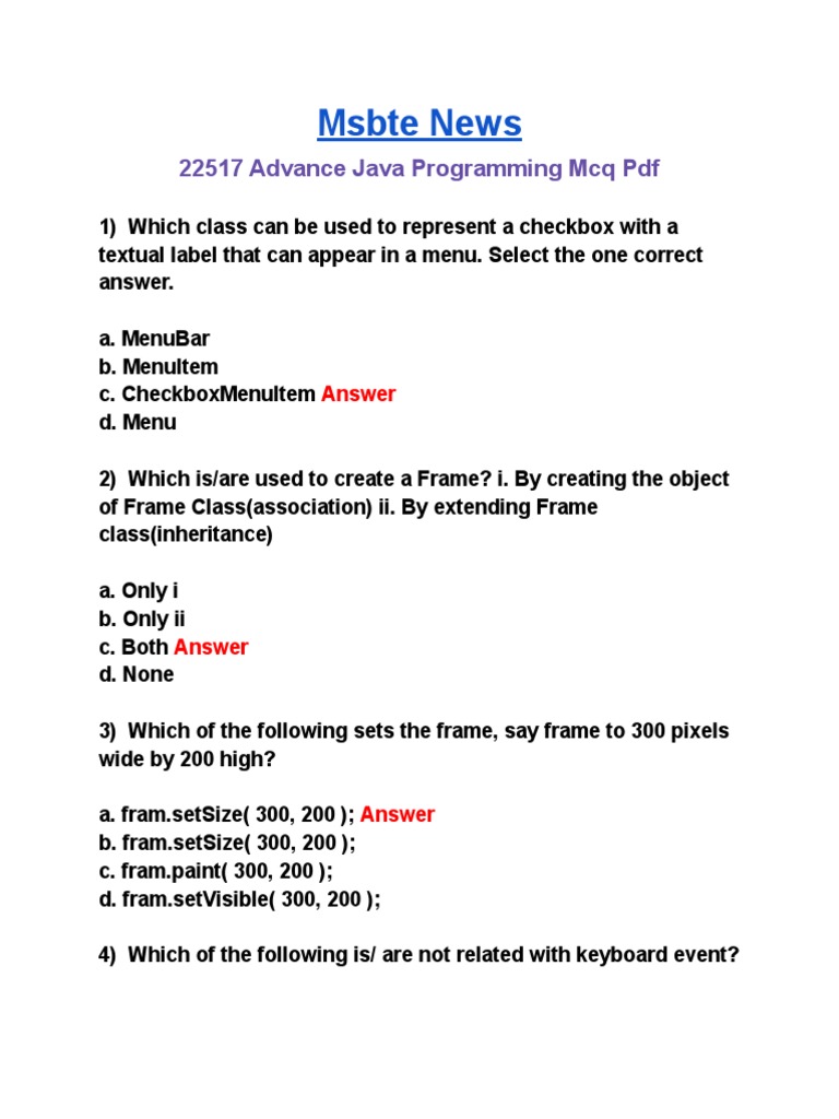 Msbte News: 22517 Advance Java Programming MCQ PDF | Download Free PDF ...