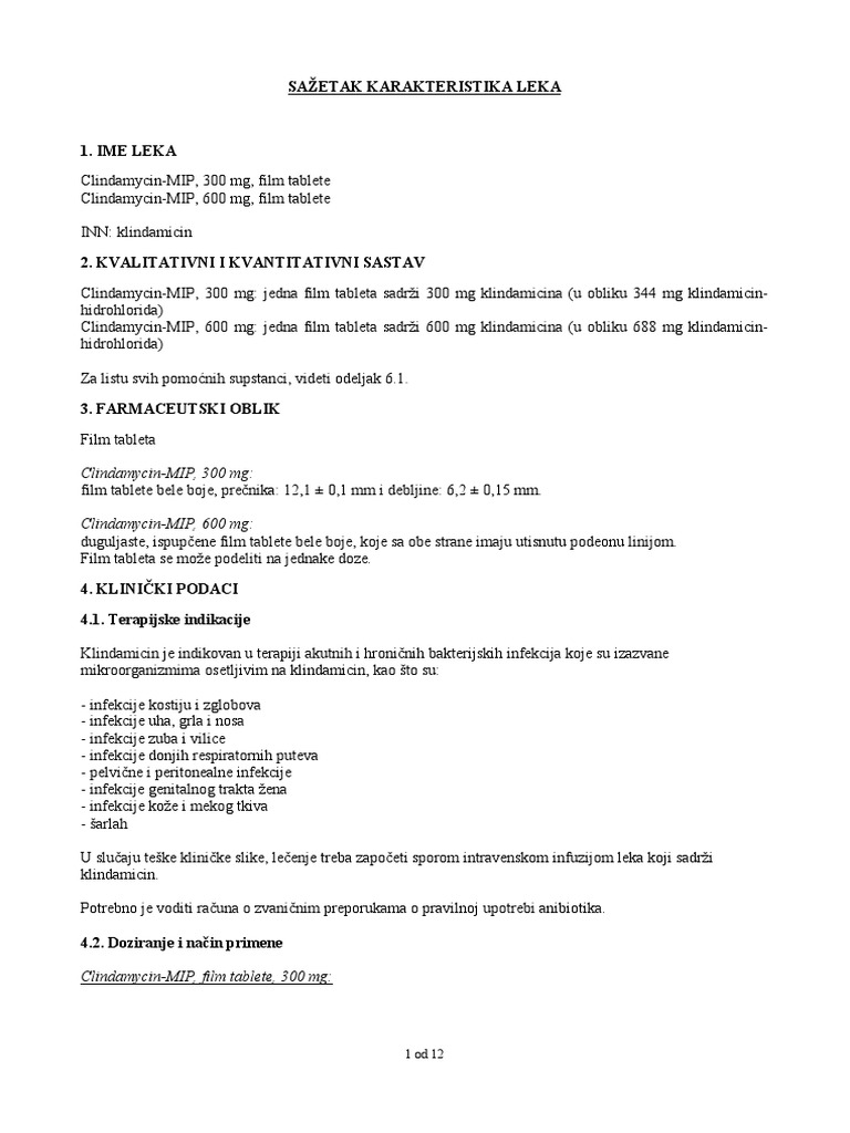 Sažetak Karakteristika Leka: Clindamycin-MIP, 300 MG | PDF