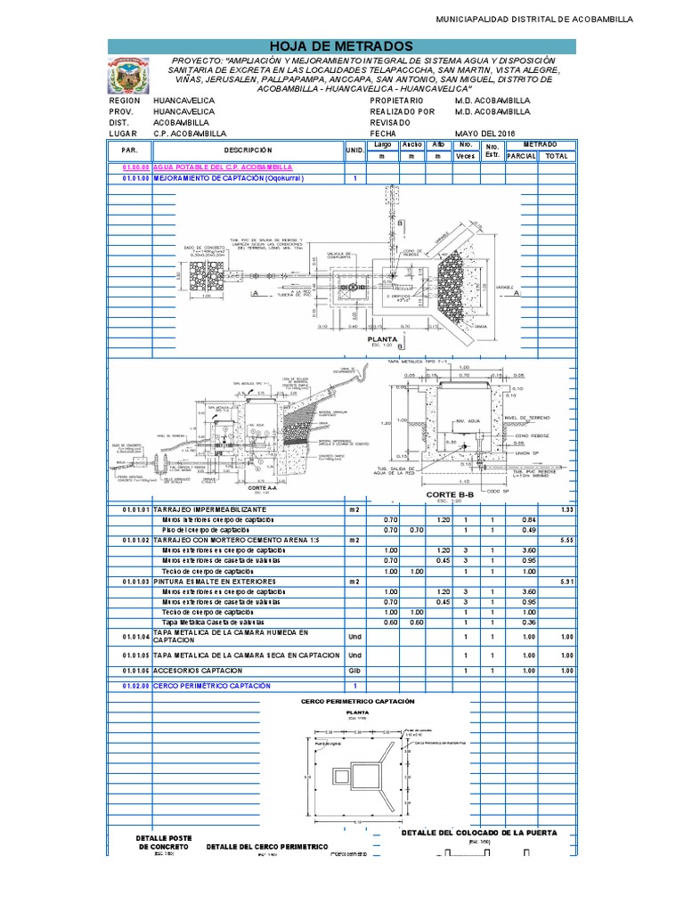 Metrados Agua Potable Acobambilla | PDF | Materiales de construcción | Albañilería