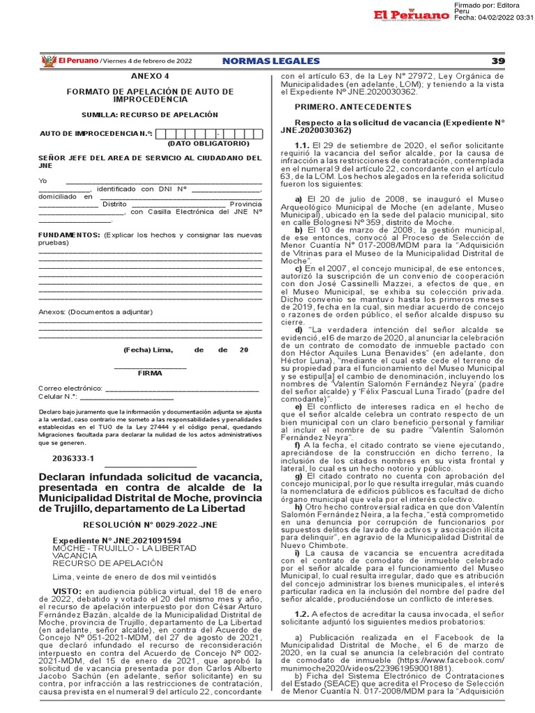 Resolucion #0029 - 2022 - Jne, Inf. Vacancia MD Moche (04.02.2022) | PDF | Alcalde | Gobierno local